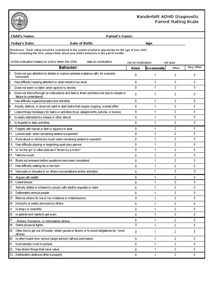 Vanderbilt ADHD Parent Rating Scale | PDF | Tourette Syndrome ...