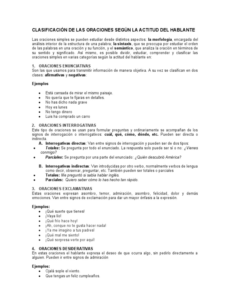 Clasificación de Las Oraciones Según La Actitud Del Hablante | PDF ...