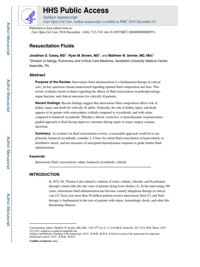 HHS Public Access: Resuscitation Fluids | PDF | Sepsis | Intravenous ...