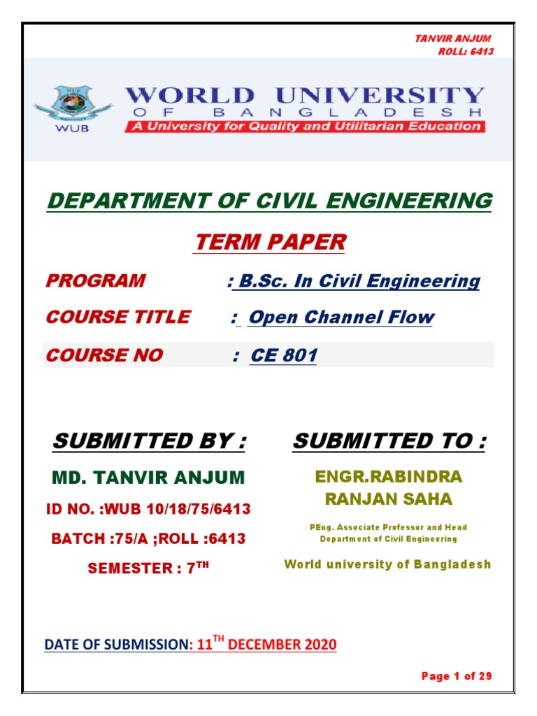 Department of Civil Engineering: Term Paper | PDF | Hydraulic ...