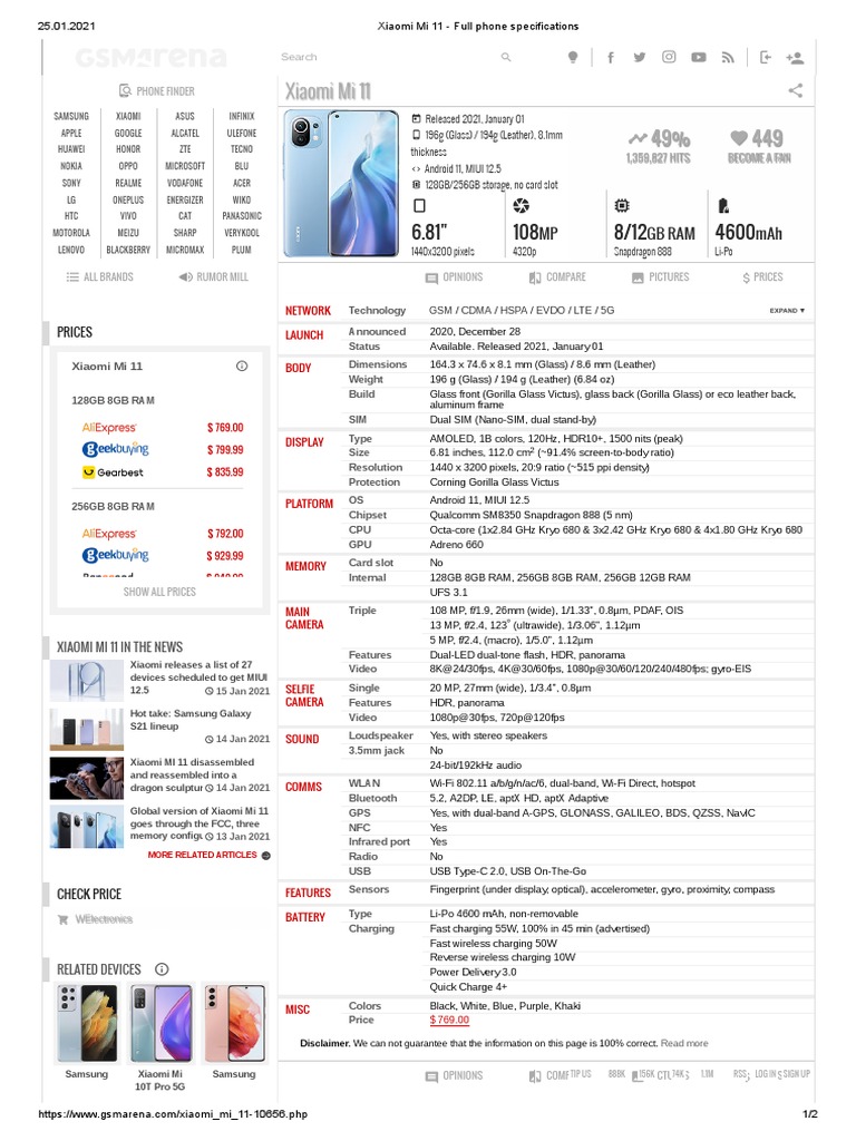 Xiaomi Mi 11 - Full Phone Specifications | PDF | Xiaomi | Videotelephony