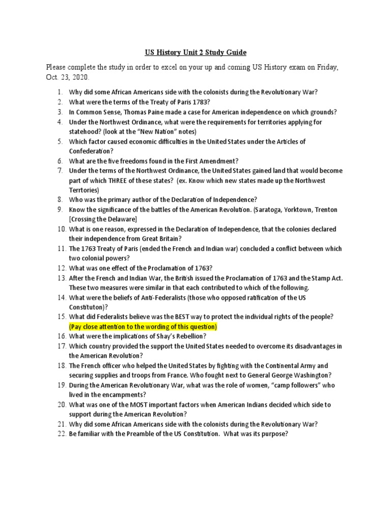 US History Unit 2 Study Guide | PDF | American Revolution | American ...