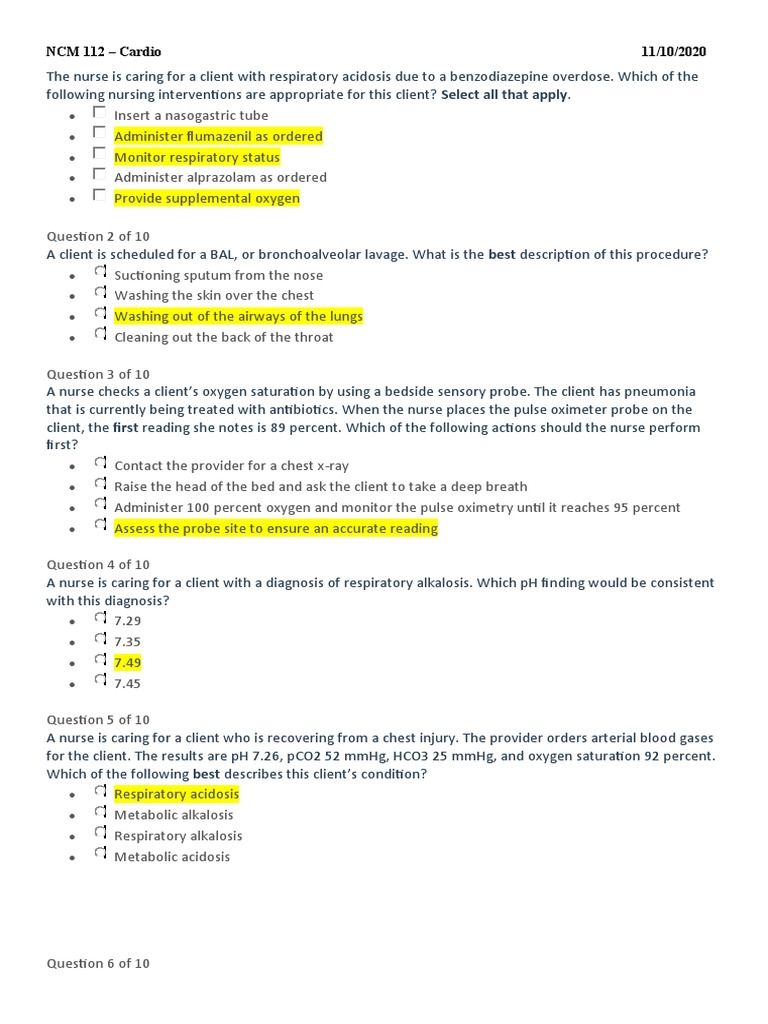 NCM 112 - Practice Test | PDF | Respiratory Tract | Exhalation