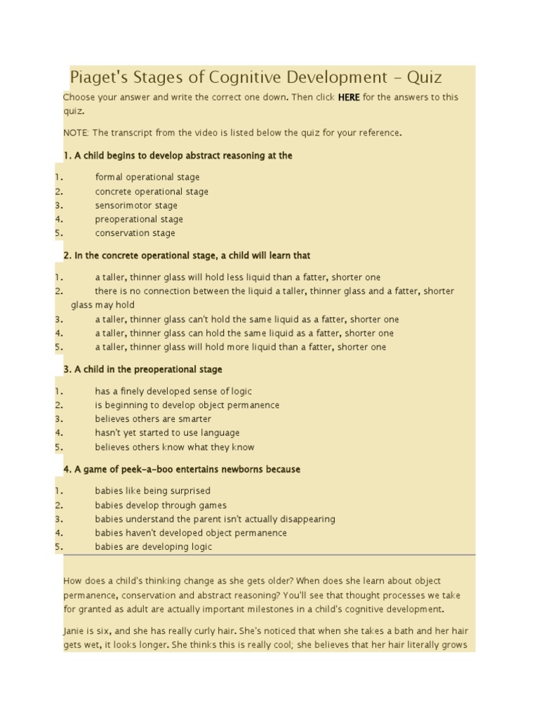 Piaget's Stages of Cognitive Development - Quiz | Download Free PDF ...