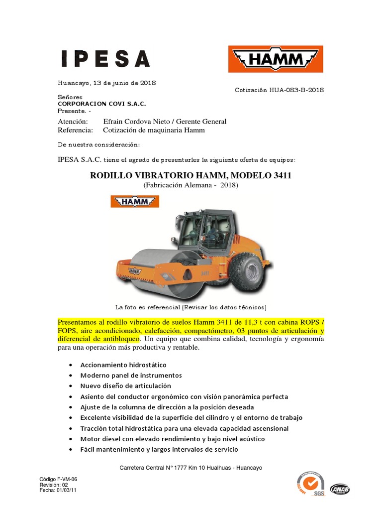 Cot. HUA-083-B-2018 Rodillo Vibratorio Hamm 3411 - Corporacion Covi SAC | PDF | Vehículo de ...
