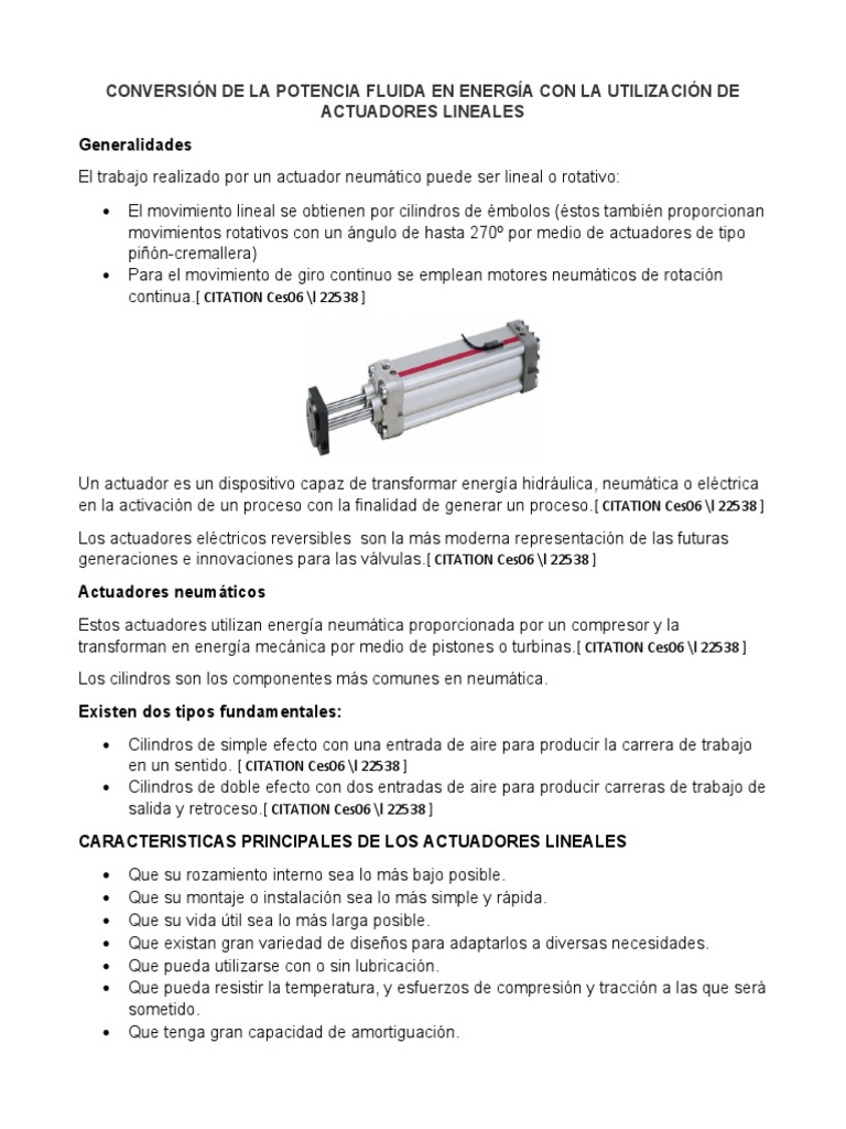 Conversión de La Potencia Fluida en Energía Con La Utilización de Actuadores Lineales | PDF ...
