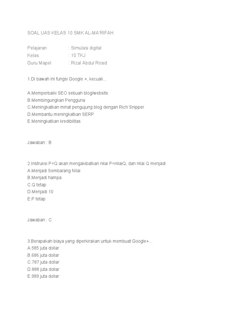Uas Simulasi Digital Kelas 10 TKJ Sem 2 | PDF