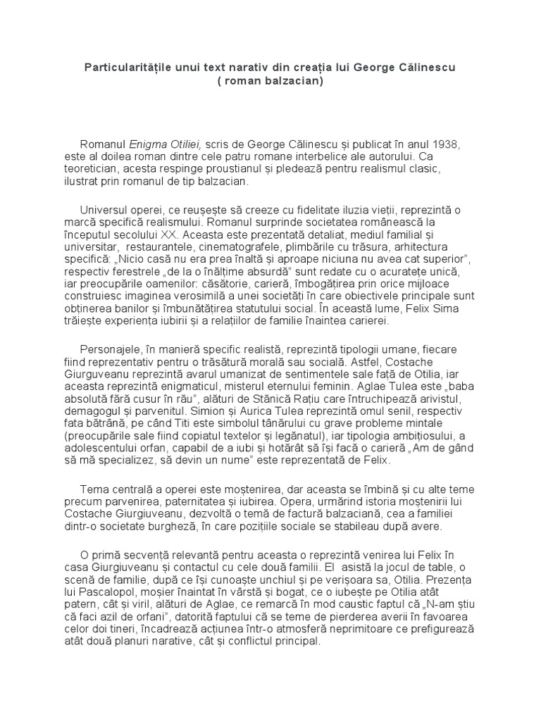 Particularitățile Unui Text Narativ Din Creația Lui George Călinescu | PDF