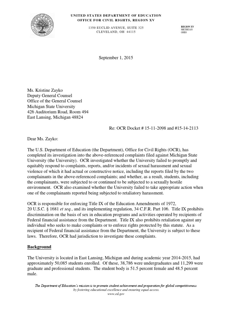 Office of Civil Rights Letter To Michigan State University | PDF ...