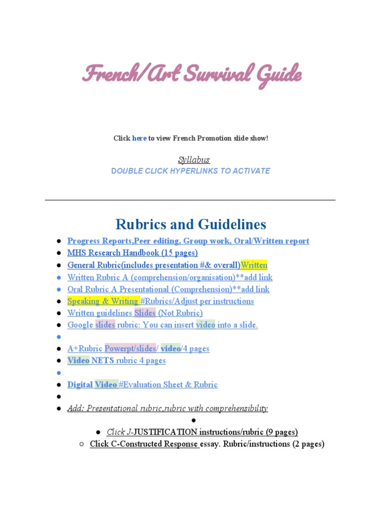 French Survival Guide - Rubrics and Assignments | PDF | Rubric ...