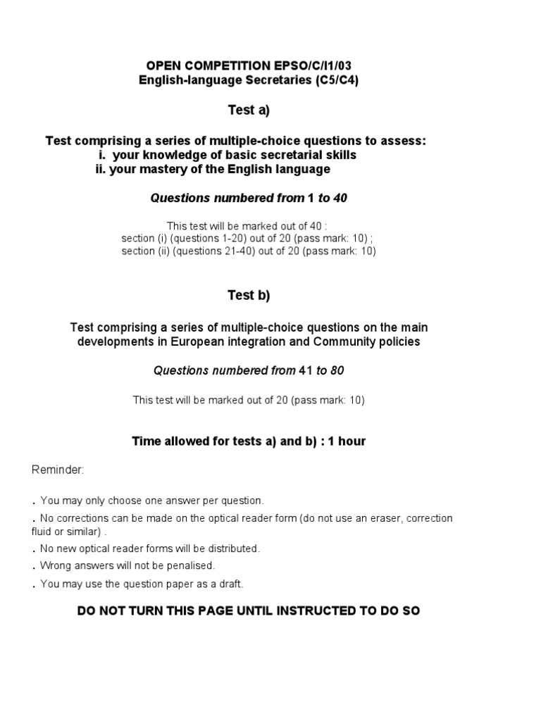 Epsoc1103 Test A English Secretaries | PDF | Multiple Choice ...