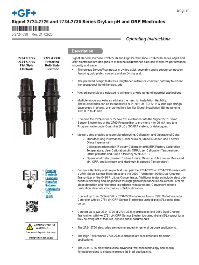 Signet 2724-2734 pH-ORP Electrodes (English) | PDF | Pipe (Fluid ...