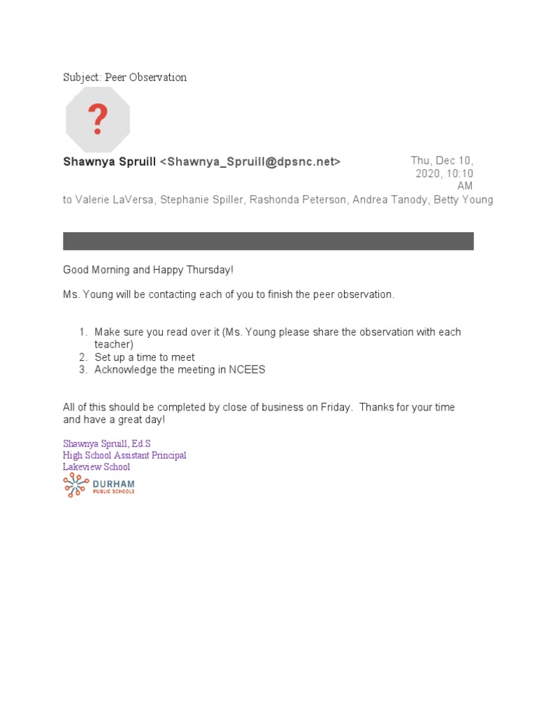Peer Observation Email | PDF