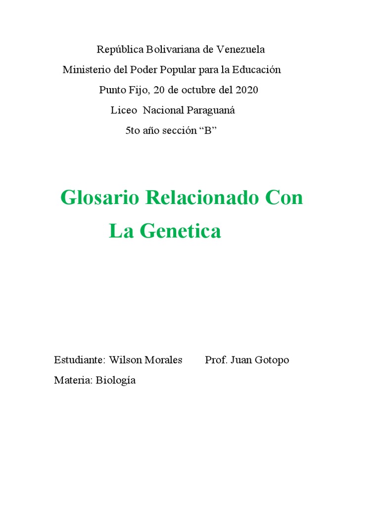 Glosario Genetico de 30 Palabras | PDF | Genotipo | Dominancia (Genética)