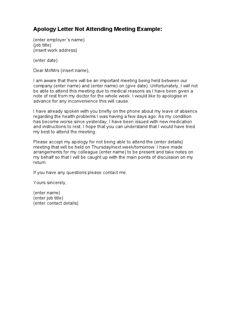 Apology Letter Not Attending Meeting Example | PDF