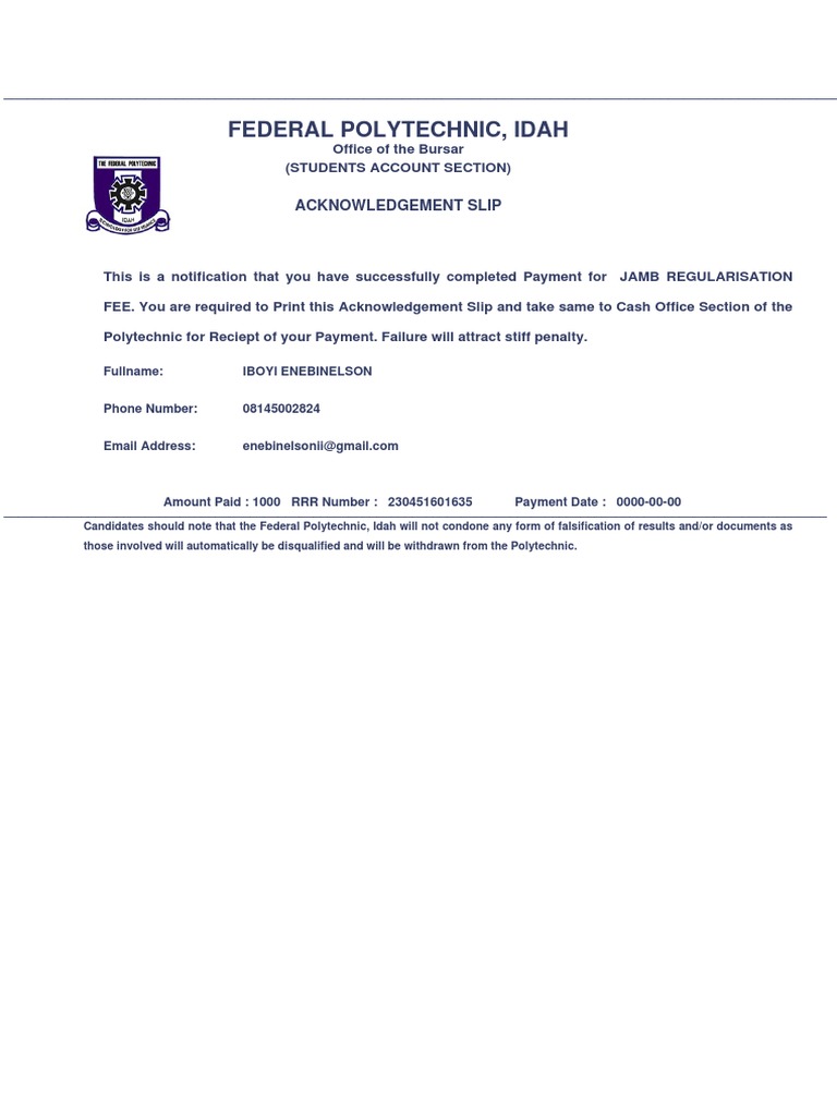 Federal Polytechnic, Idah: Acknowledgement Slip | PDF