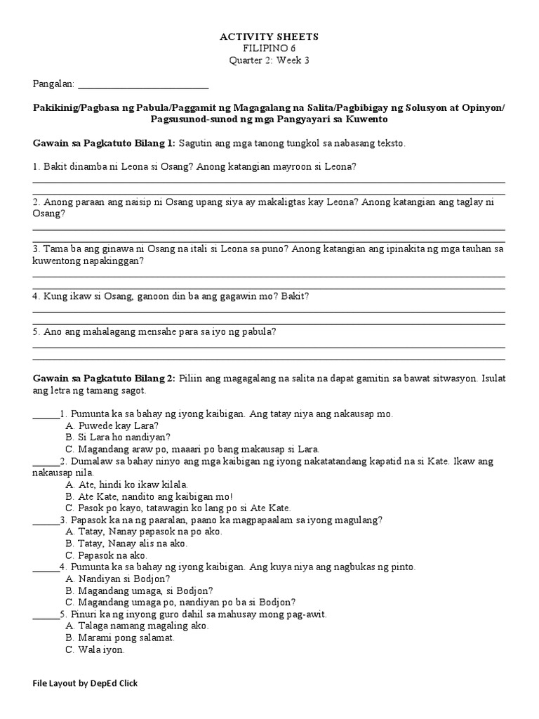 FILIPINO 6 Activity Sheet Q2 W3 | PDF
