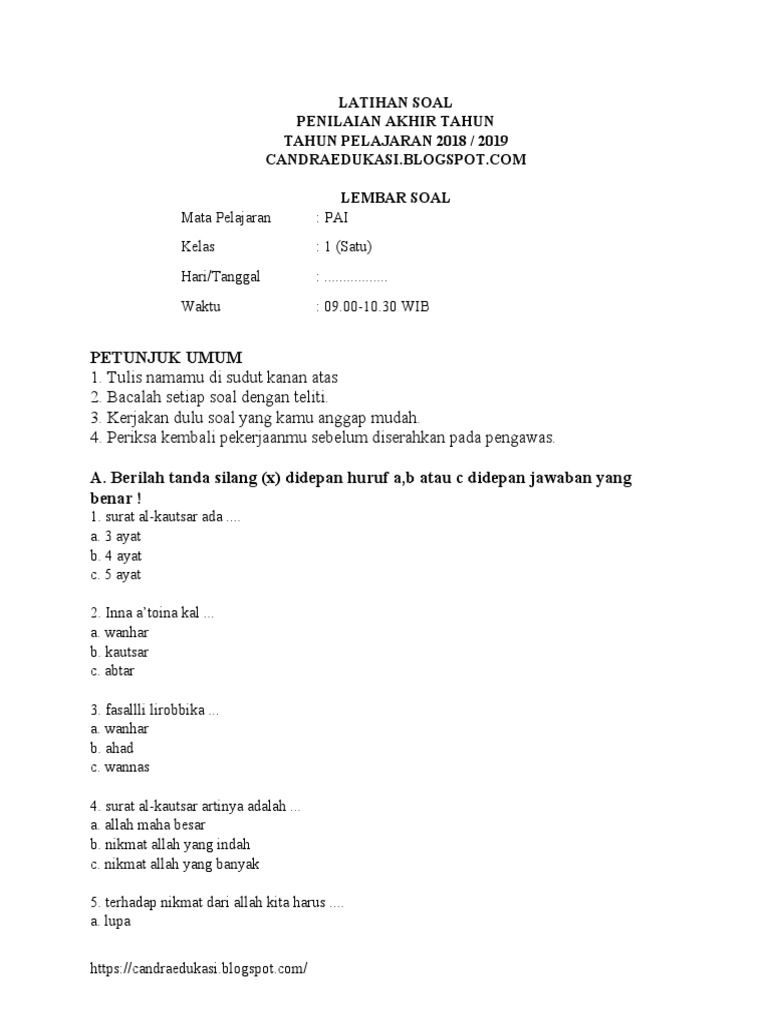 Soal PAT PAI Kelas 1 | PDF