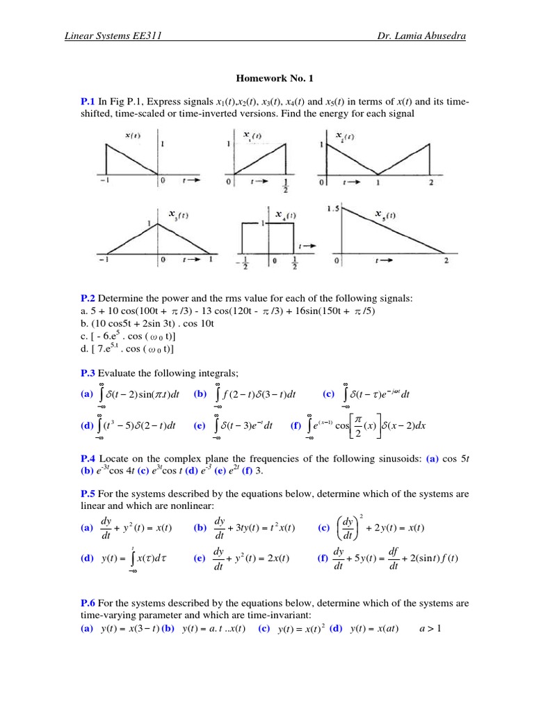 Lamia Abusedra Dr. Linear Systems EE311: Homework No. 1 | PDF | Signal Processing | Electronics