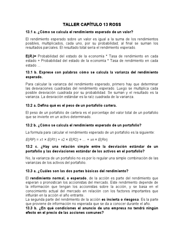 Taller Capítulo 13 Ross - Heidy Sánchez | PDF | Modelo de fijación de precios de activos de ...