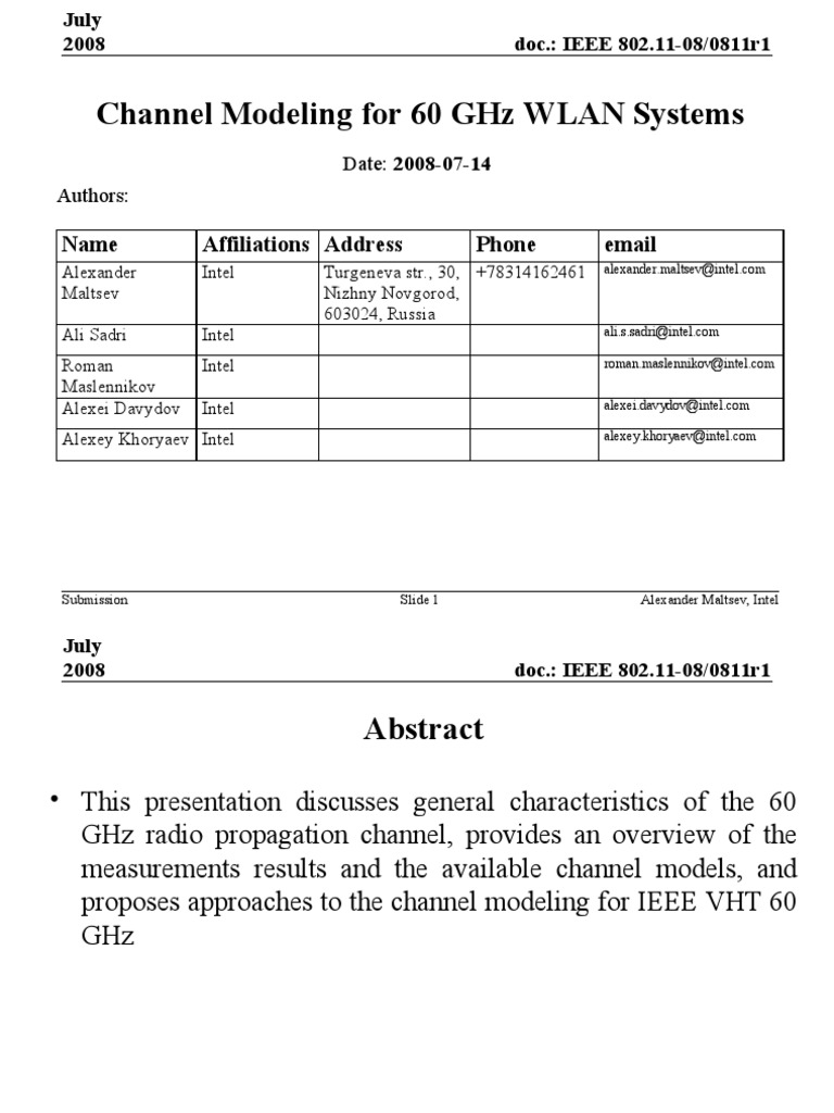 Channel Modeling For 60 GHZ Wlan Systems: Name Affiliations Address ...