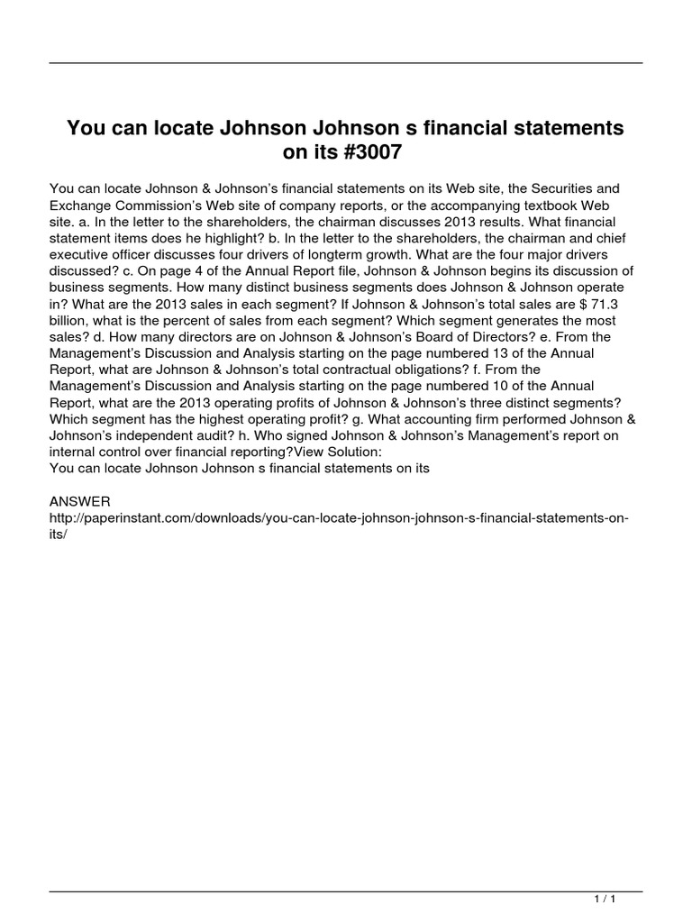 You Can Locate Johnson Johnson S Financial Statements On Its | PDF ...