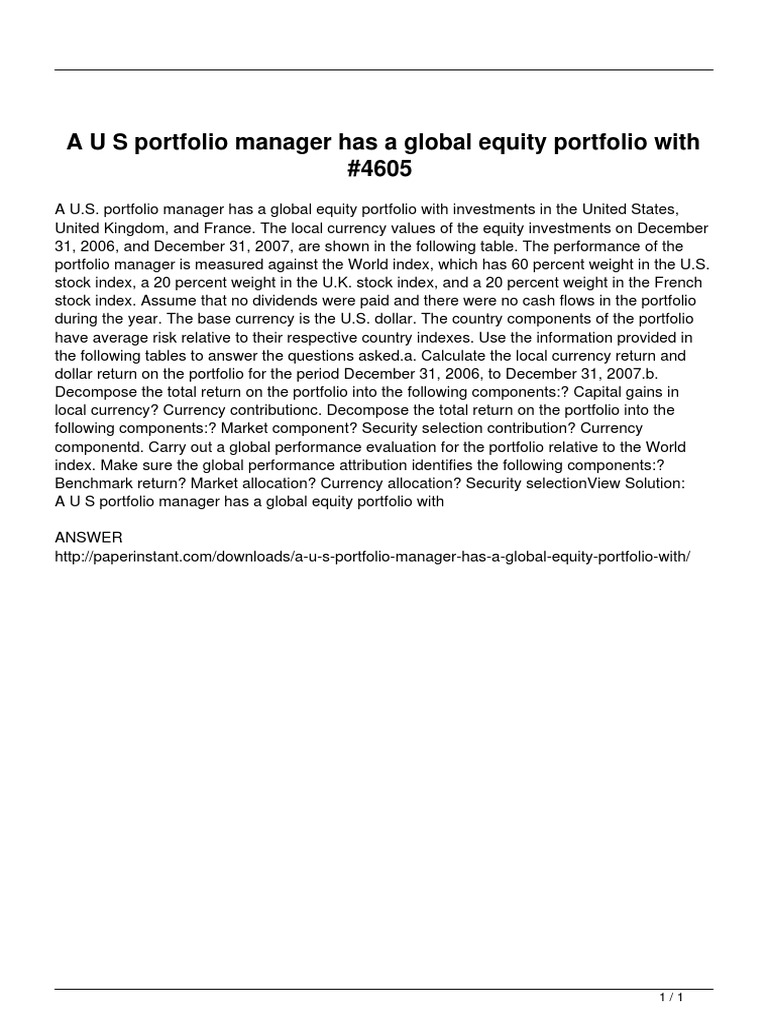 A U S Portfolio Manager Has A Global Equity Portfolio With | PDF ...