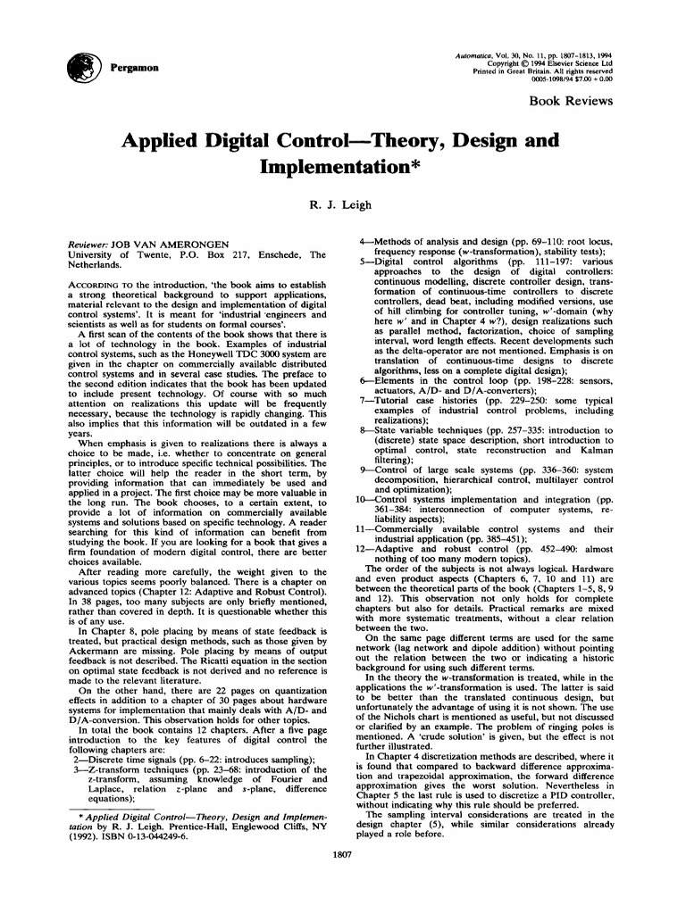 Applied Digital Control - Theory, Design and Implementation : Pergamon | PDF | Control ...