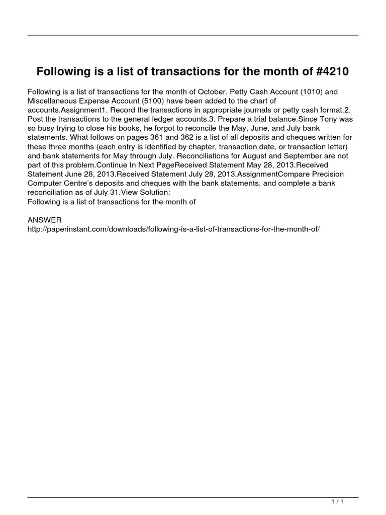 Following Is A List of Transactions For The Month of | PDF | Business ...