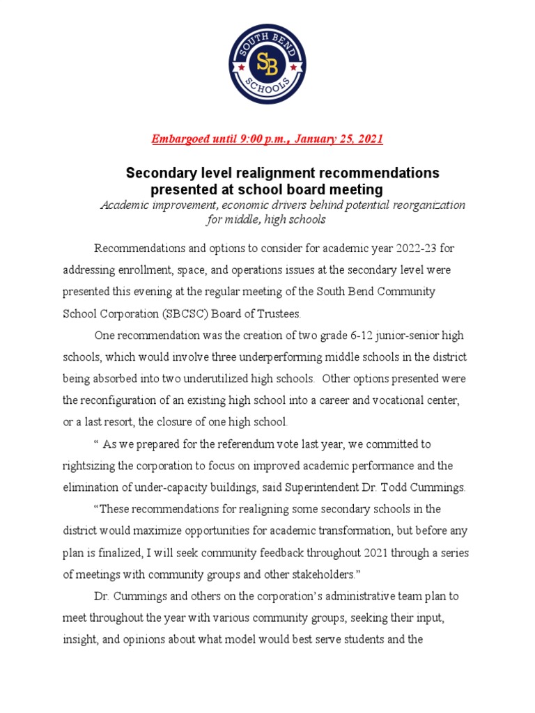 Secondary Level Realignment Recommendations Presented at School Board ...