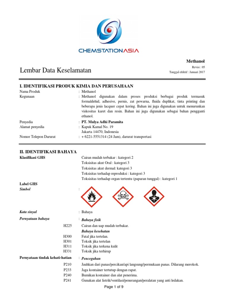 Lembar Data Keselamatan Methanol | PDF