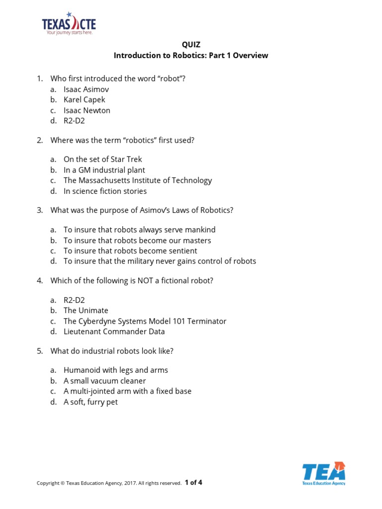Quiz Introduction To Robotics: Part 1 Overview | PDF | Robot | Robotics