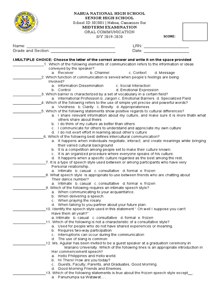 Nabua National High School Senior High School Midterm Examination | PDF ...