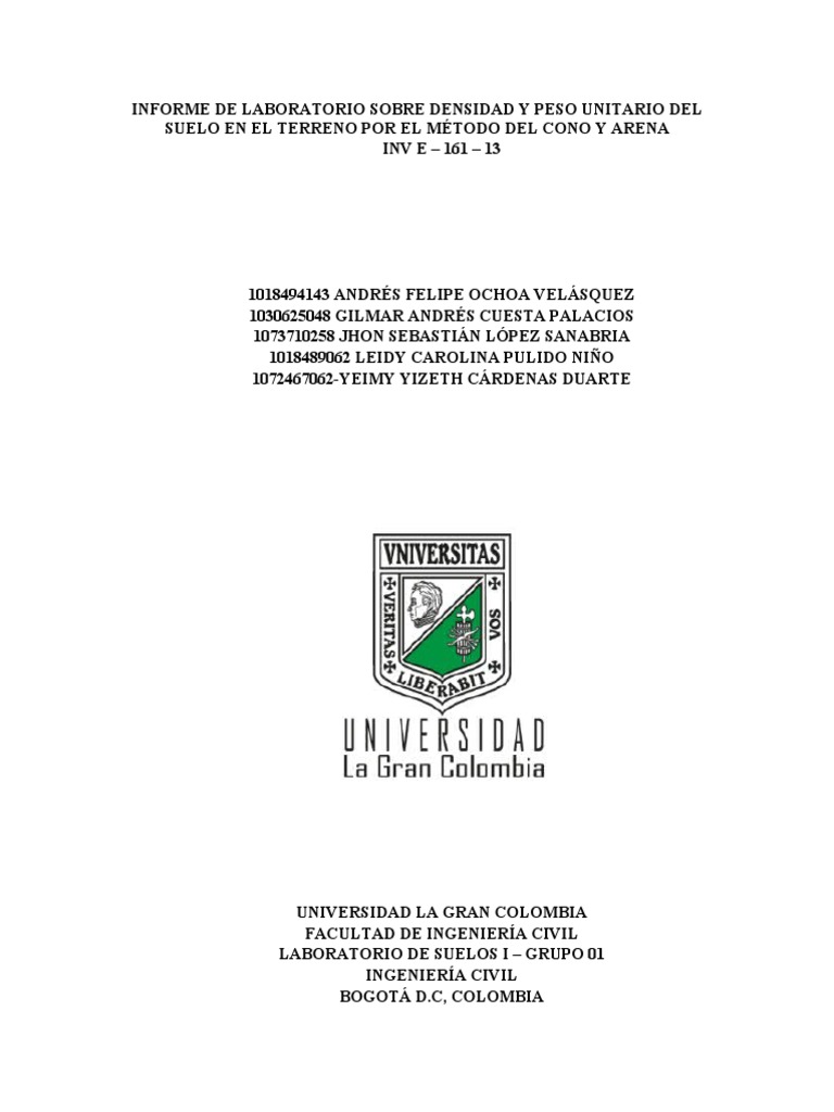 Informe De Laboratorio Sobre Densidad Y Peso Unitario Del Suelo En El