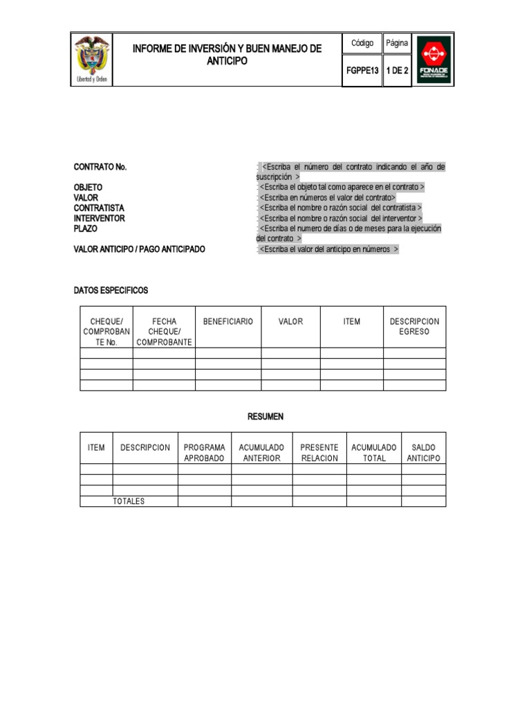 Fgppe13. Informe de Inversion y Buen Manejo Del Anticipo | PDF