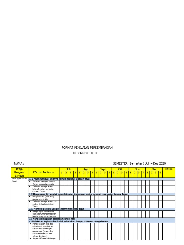 5 Contoh Penilaian Bulanan Paud | PDF