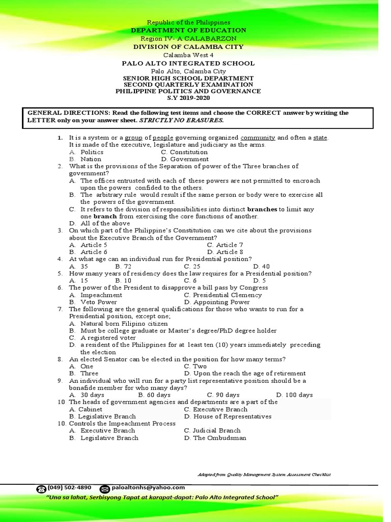 Philippine Politics and Government Multiple Choice Exam Questions | PDF ...