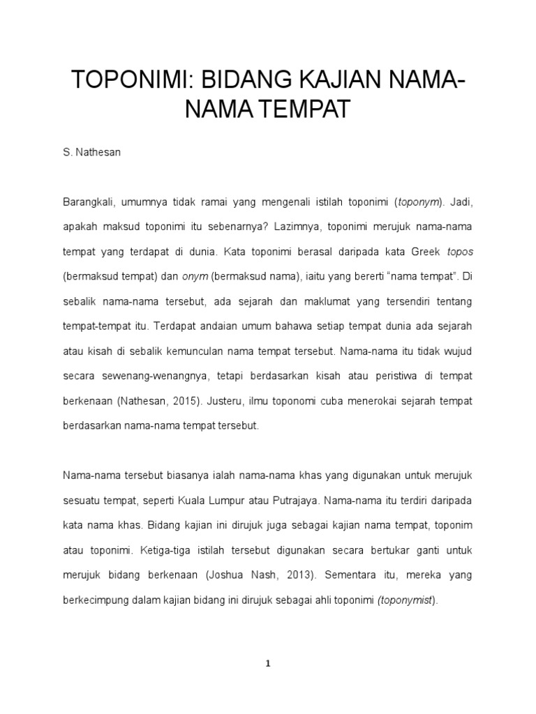 Toponomi Dalam Bahasa Melayu - DB | PDF