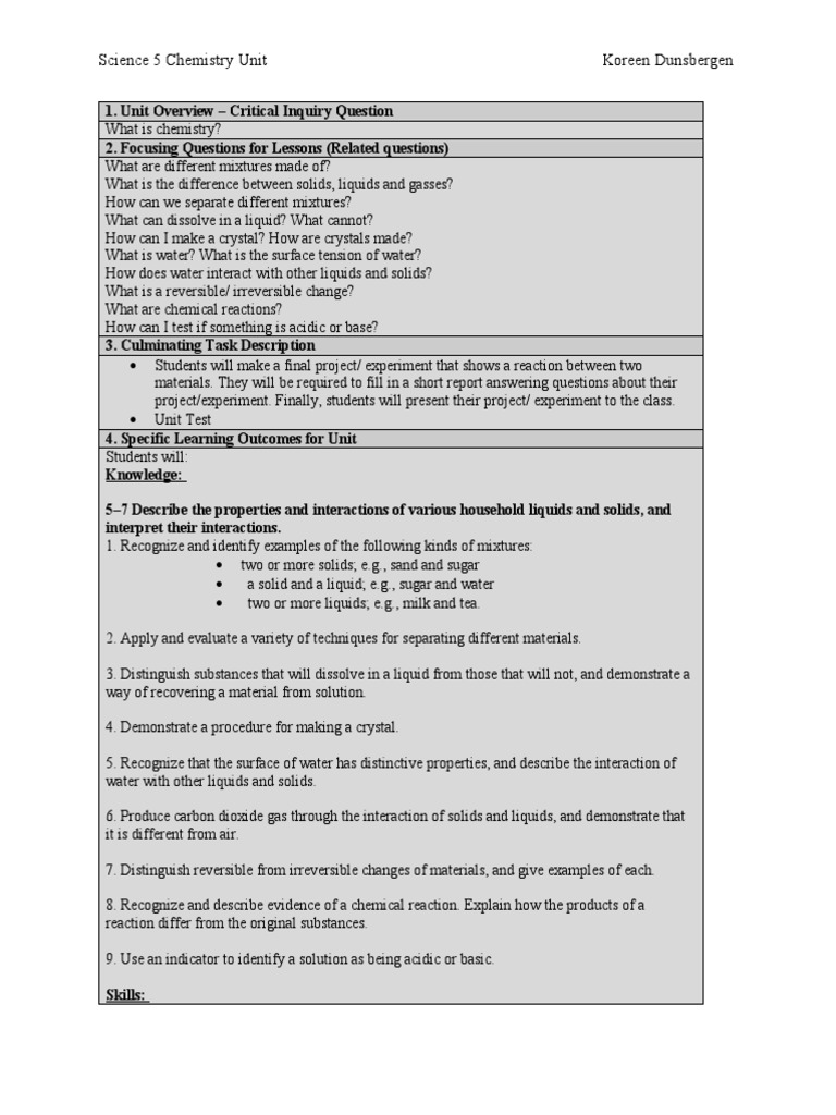 Science 5 - Chemistry Unit Plan | PDF | Filtration | Mixture