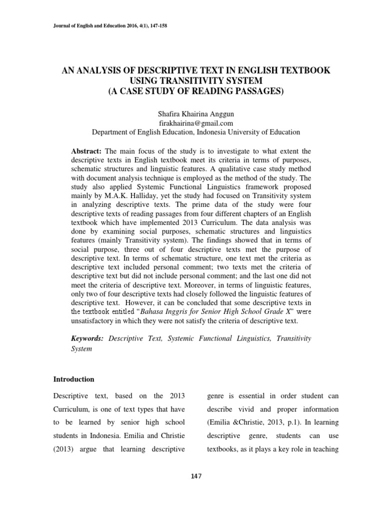 An Analysis of Descriptive Text in English Textbook Using Transitivity ...