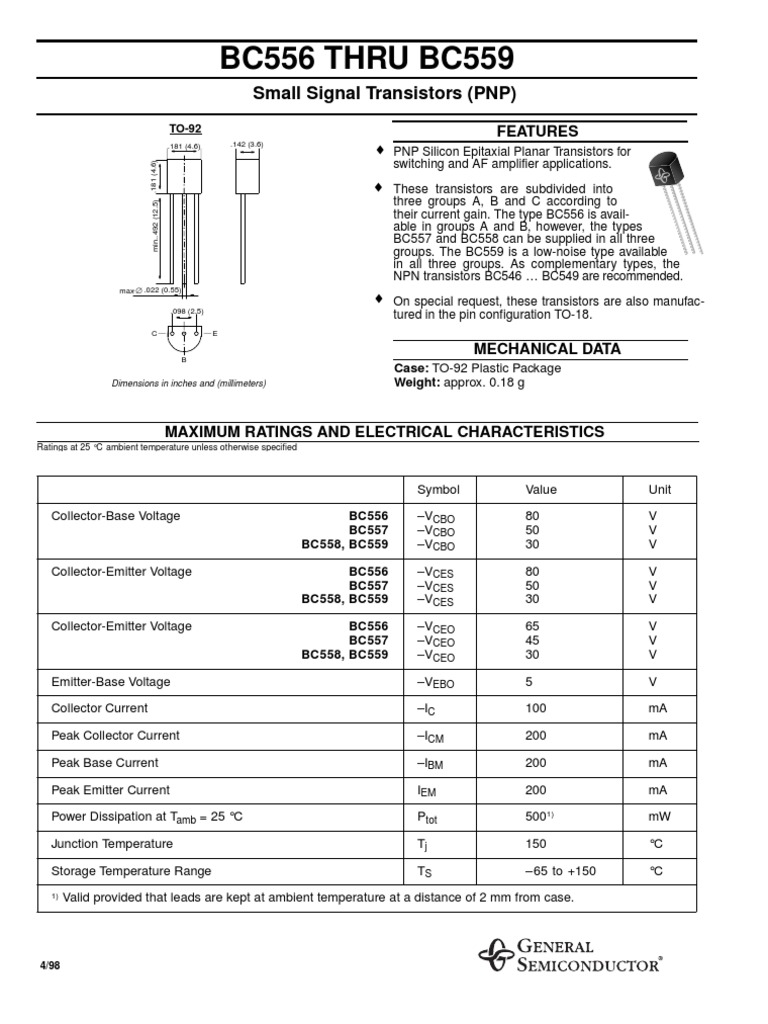 BC556 THRU BC559: Small Signal Transistors (PNP) | PDF | Bipolar ...