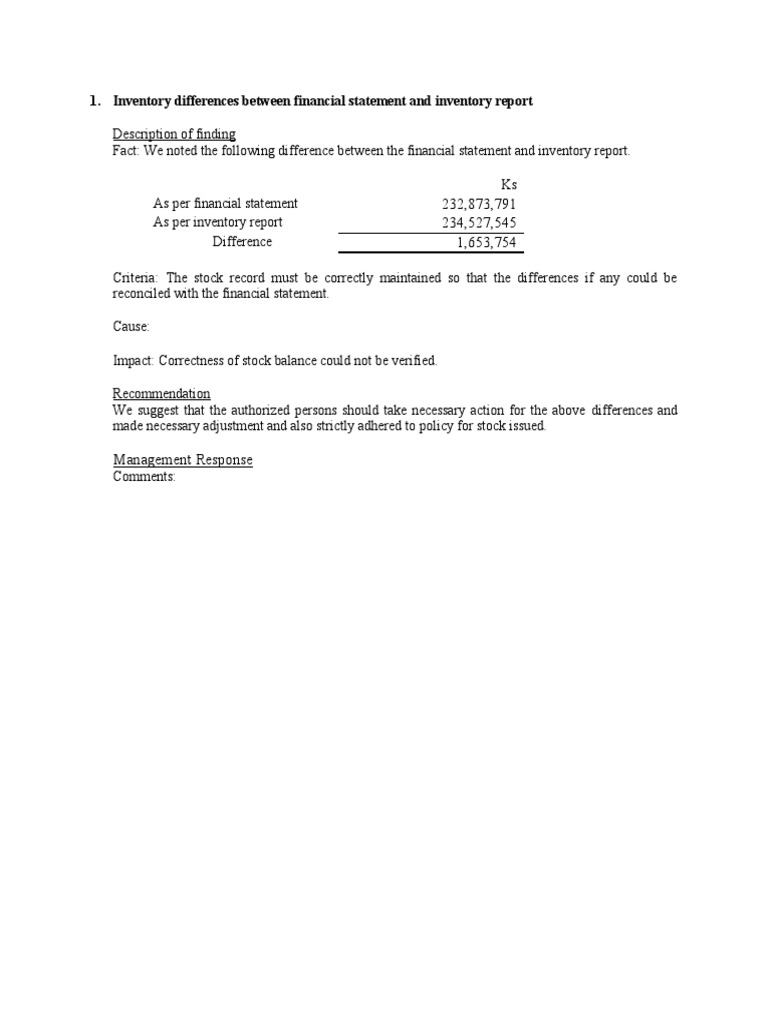 Inventory Differences Between Financial Statement and Inventory Report ...