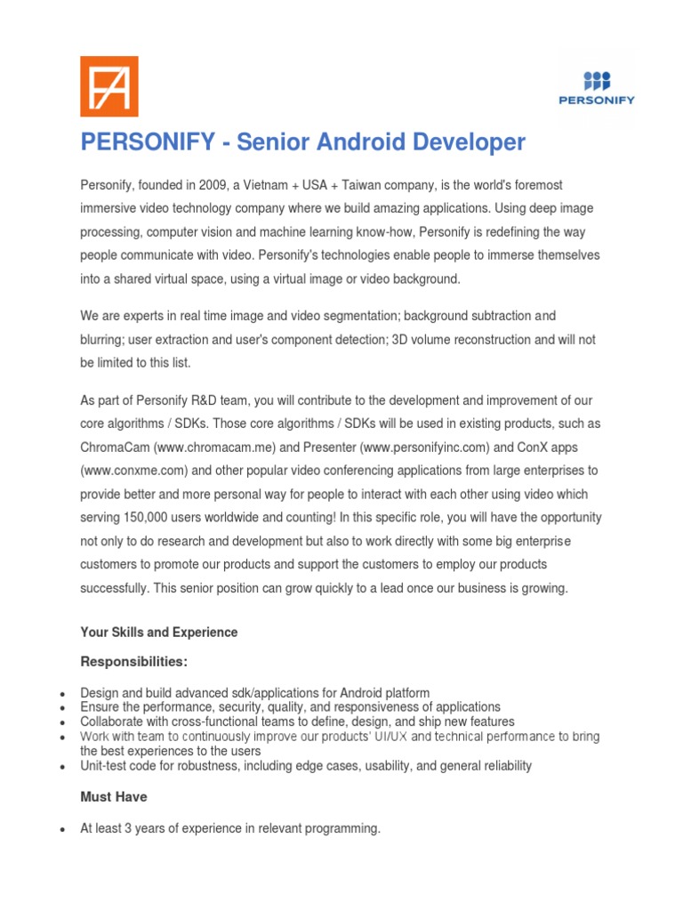 JD - Personify - Senior Android Developer | PDF | Software Development Kit | Android (Operating ...