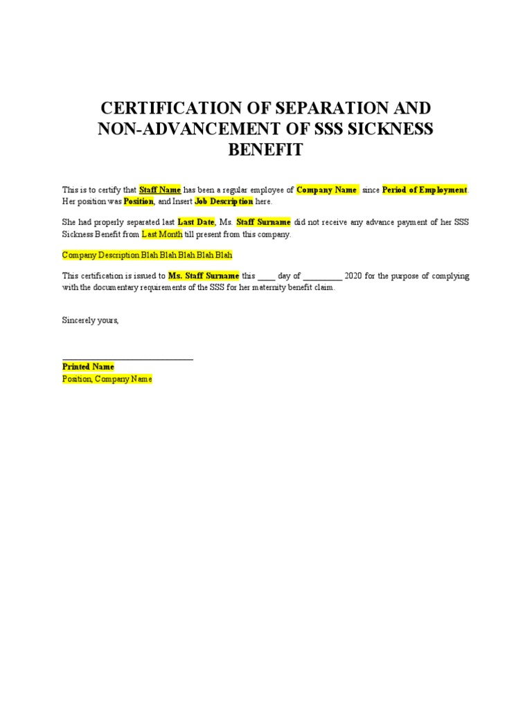 Certificate of Non Advancement of Sss Sickness Benefit | PDF