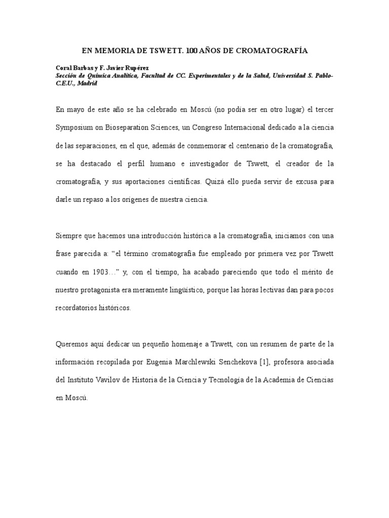 En Memoria de Tswett (Cromatografía) | PDF | Clorofila | Adsorción