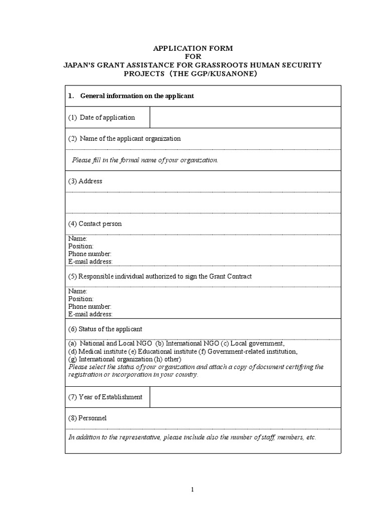 Application Form FOR Japan'S Grant Assistance For Grassroots Human Security Projects The Ggp ...