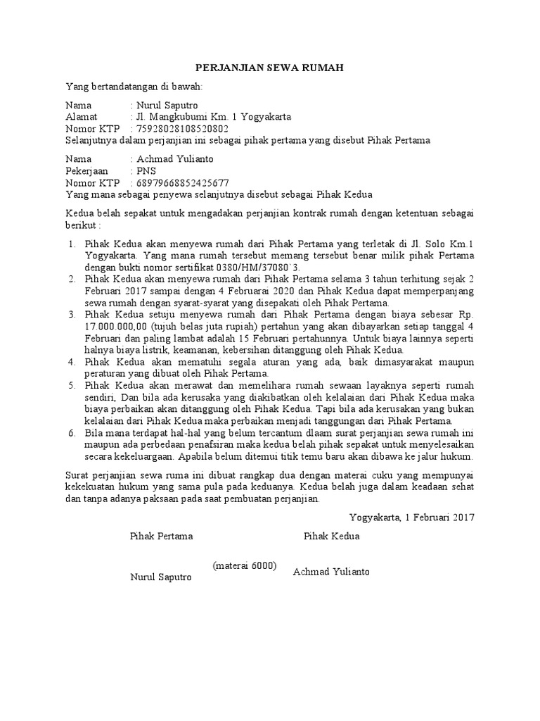 Contoh Surat Perjanjian Sewa Rumah Pdf