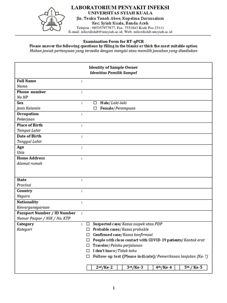 FORM Test PCR BAHASA - Lab Unsyiah | PDF