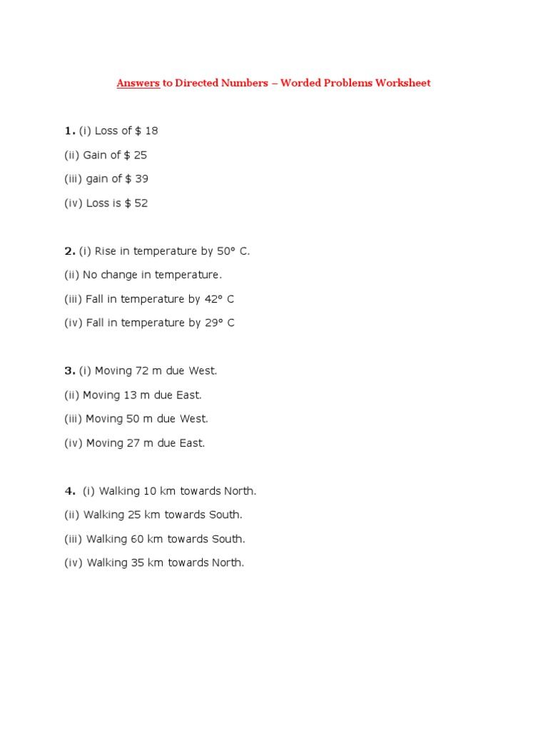 Directed Numbers - Worded Problems ANSWERS | PDF