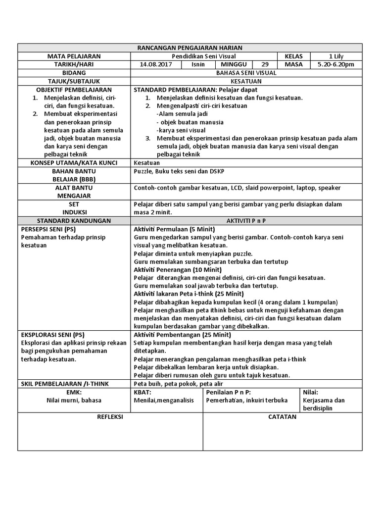 RANCANGAN PENGAJARAN HARIAN PSV Form 2 | PDF